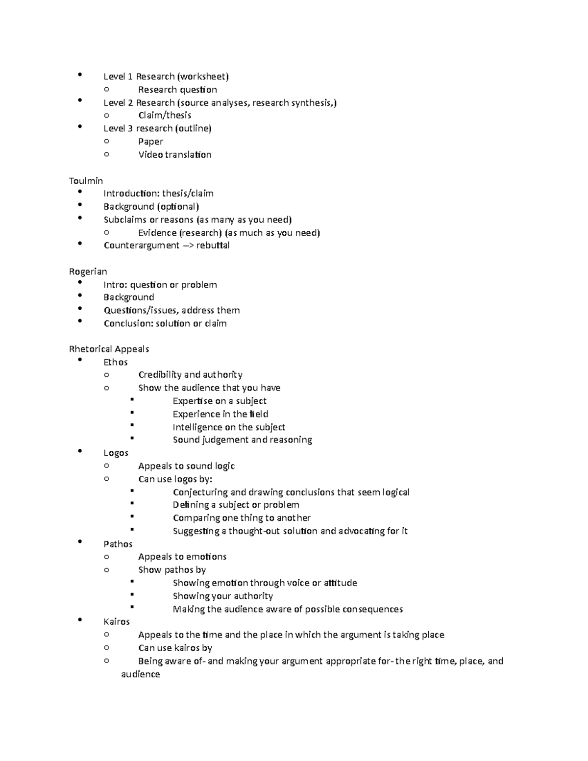 UNIV 200 Notes - Level 1 Research (worksheet) o Research question Level ...