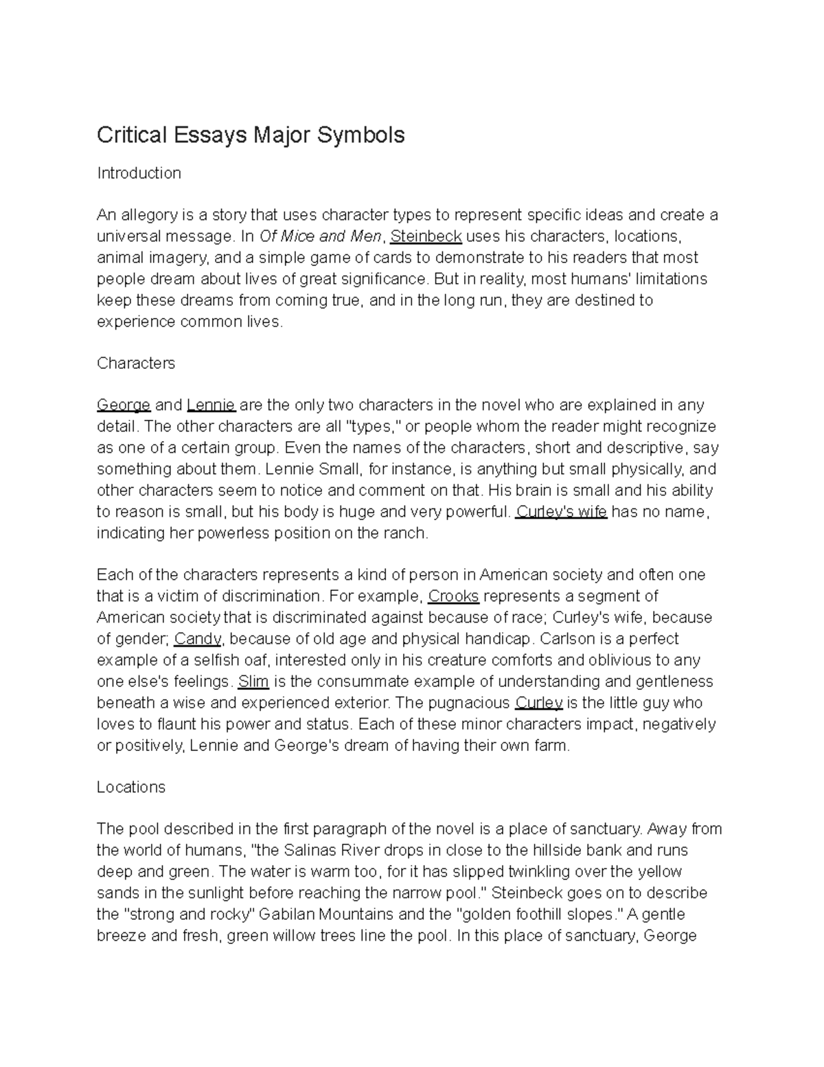 English 5 - Critical Essays Major Symbols Introduction An allegory is a ...