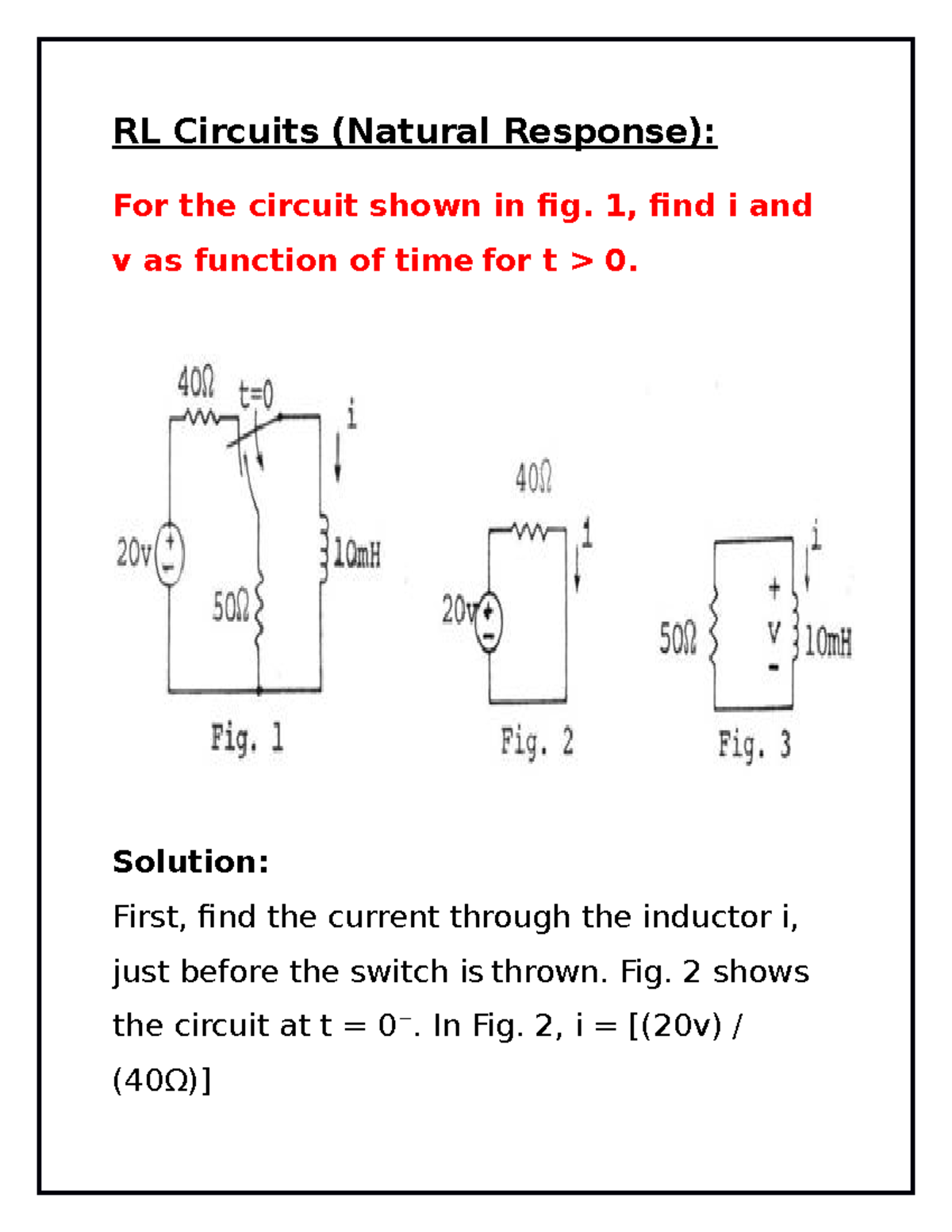 Natural response of RL Circuits - RL Circuits (Natural Response): For ...