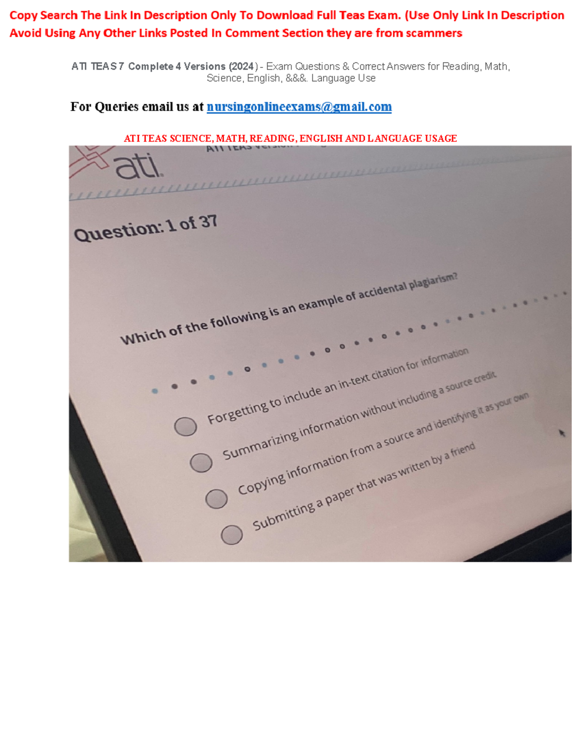 ATI TEAS 7 Latest Complete 4 Versions (2024) - Exam Questions & Correct ...
