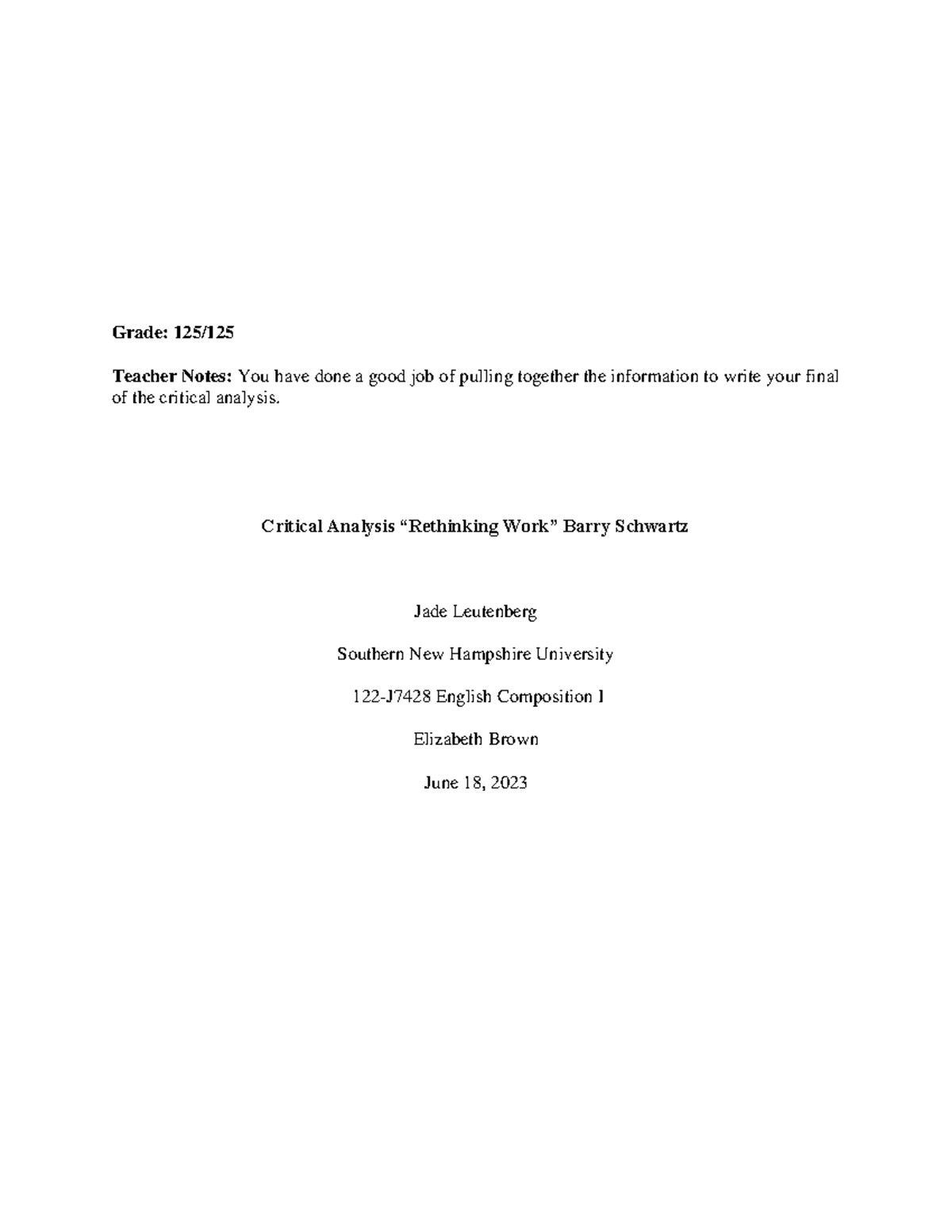 Eng1 7-2 Final Project 1 - Grade: 125/ Teacher Notes: You have done a ...