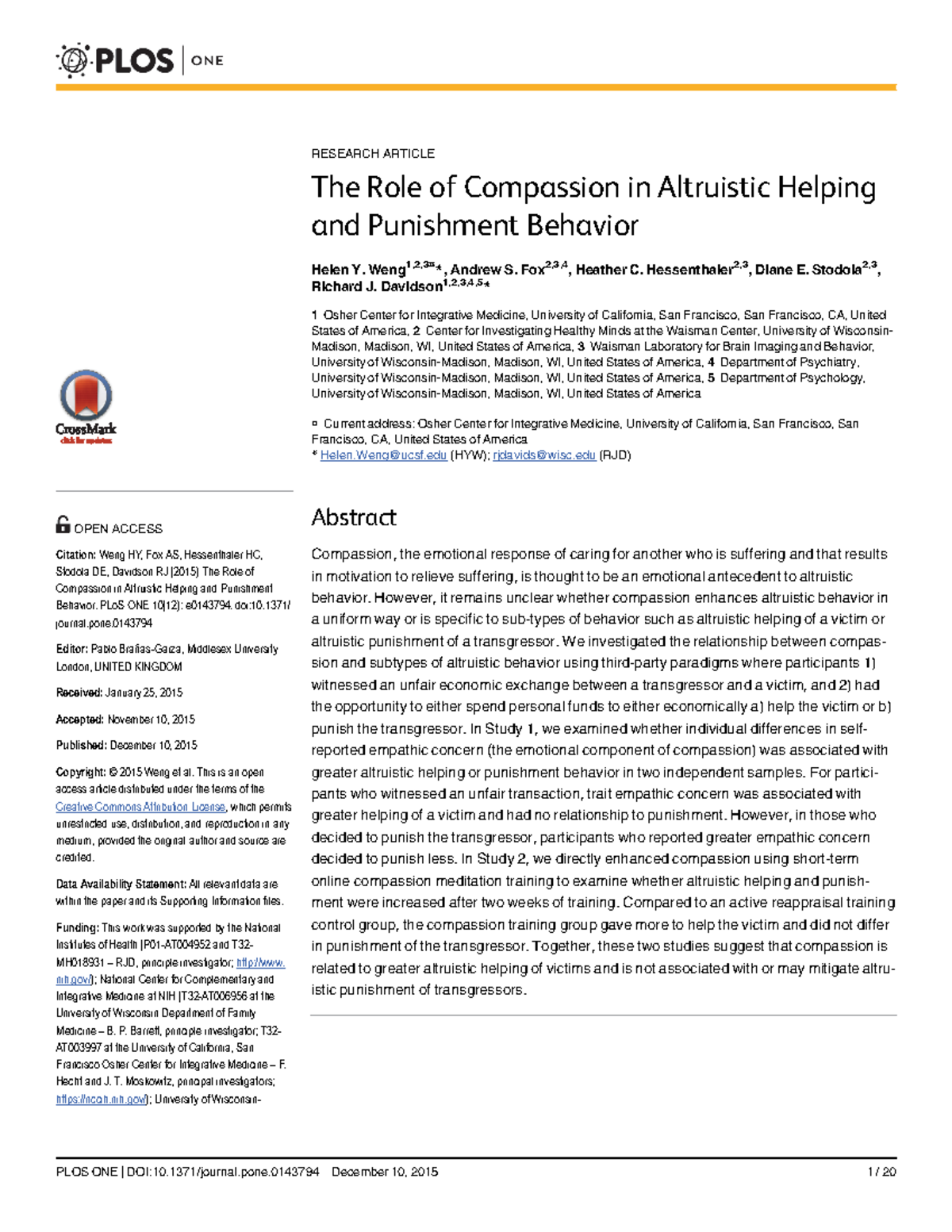 Role of Compassion in Altruistic Behavior - RESEARCH ARTICLE The Role ...