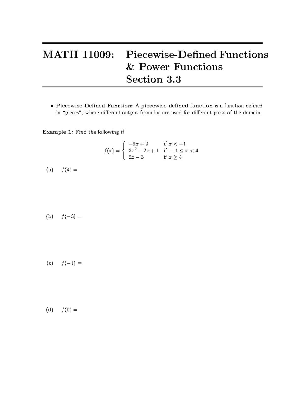 Piecewise power fncs - MATH 11009: Piecewise-Defined Functions & Power ...