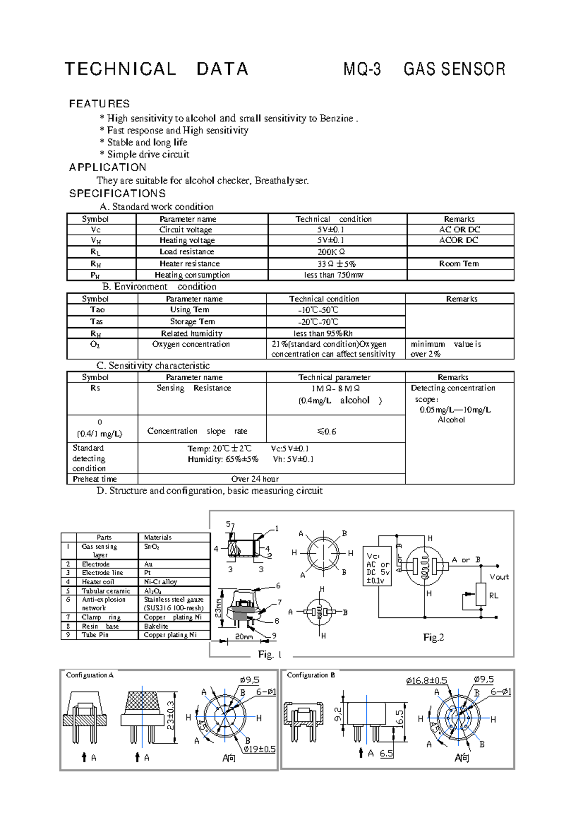 MQ-3 - notes - T ECH N I CA L DA T A M Q-3 GA S SEN SOR FEA TU RES ...