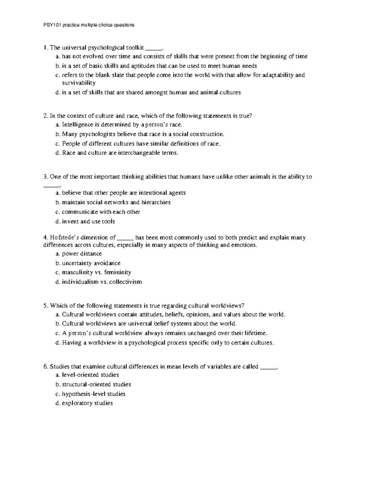 Prac Multiple Choice exam Questions - The universal psychological ...