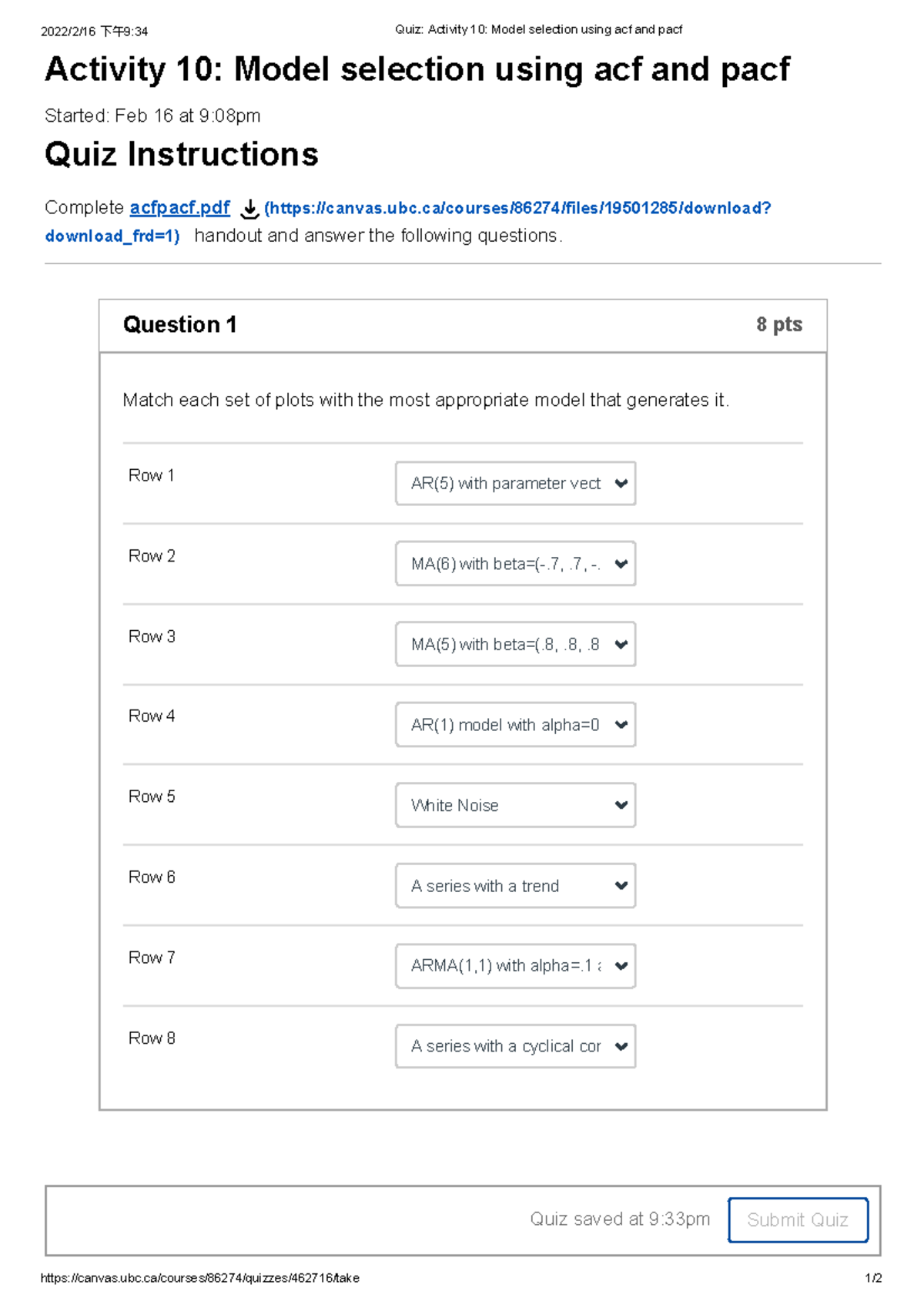 Quiz Activity 10 Model selection using acf and pacf - ubc/courses/86274 ...