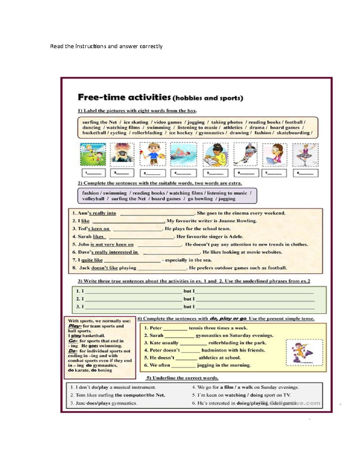 Homework, hobbies - INGLES EJERCICIOS - Read the instructions and ...