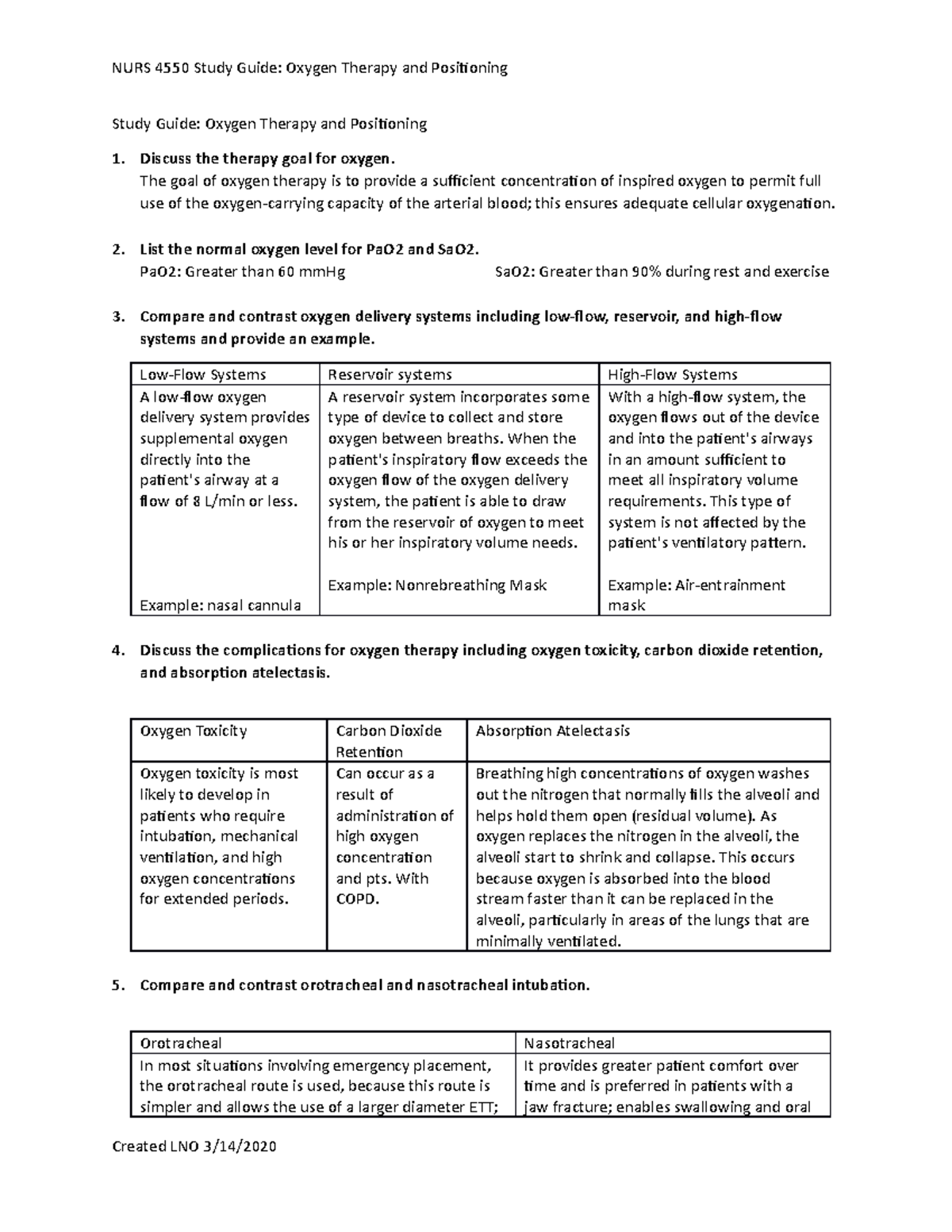 Oxygenand Positioning Study Guide - NURS 4550 Study Guide: Oxygen ...