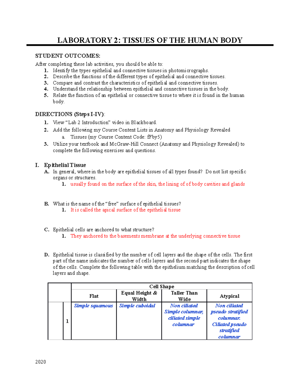 Lab 2 Tissues of the Human Body 2020(3) - LABORATORY 2: TISSUES OF THE ...