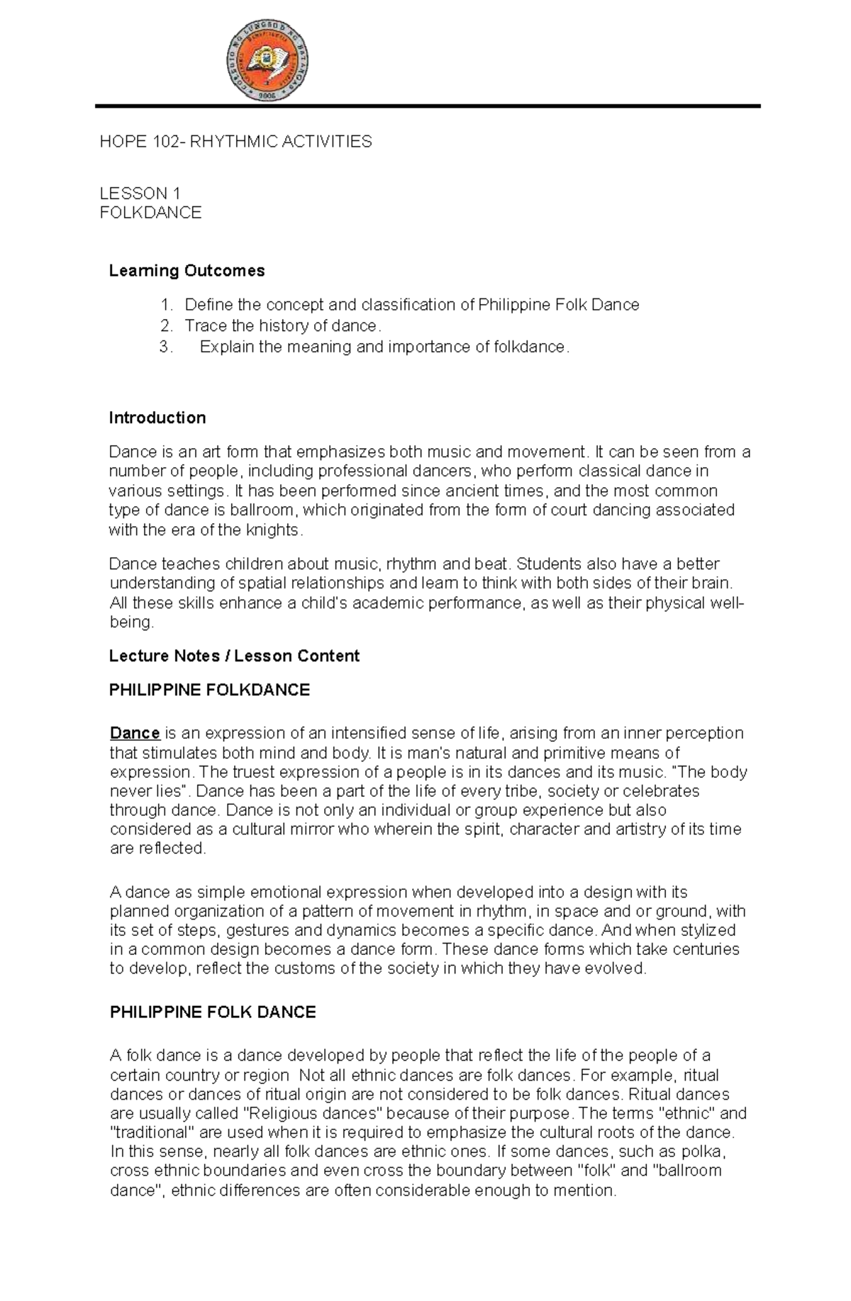 HOPE102 Modules 1 - Define the concept and classification of Philippine ...