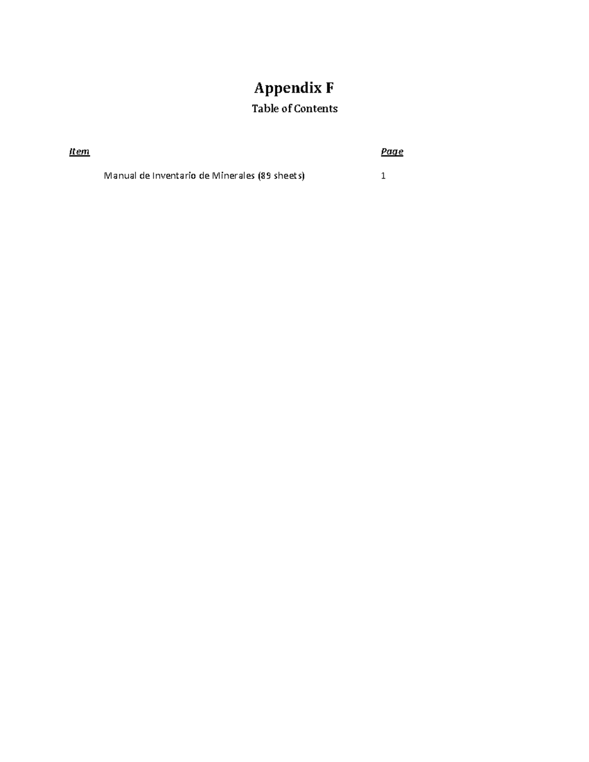 Manual de inventario de reservas - Appendix F Table of Contents Item Manual de Inventario de ...