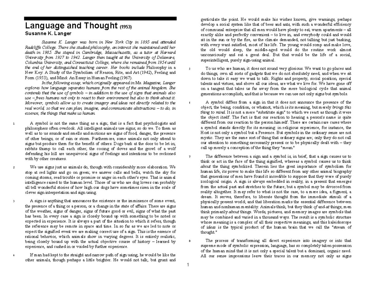 Langer, Susanne K. - Language and Thought - 1 Language and Thought ...