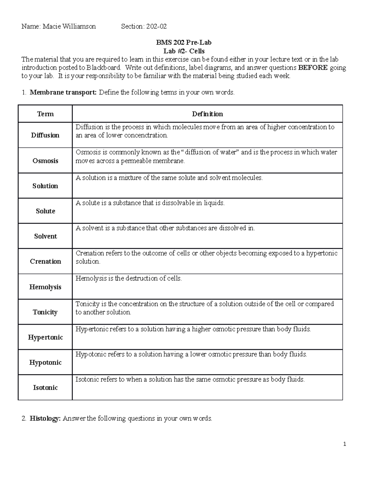 Pre Lab For Lab 2 Cells Bms 202 Pre Lab Lab 2 Cells The Material That You Are Required To