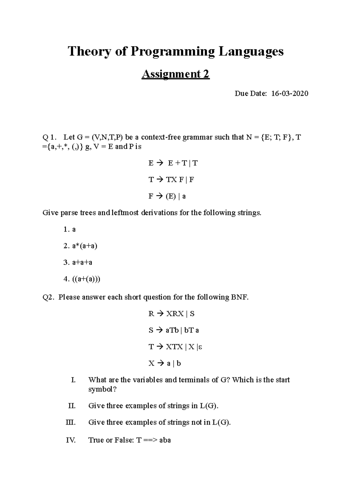 TPL Assignment 2 - Theory of Programming Languages Assignment 2 Due Date: 16-03- Q 1. Let G ...