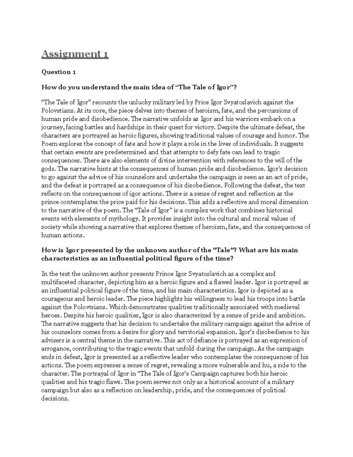 assignment 1- russian 155 - Assignment 1 Question 1 How do you understand the main idea of “The ...