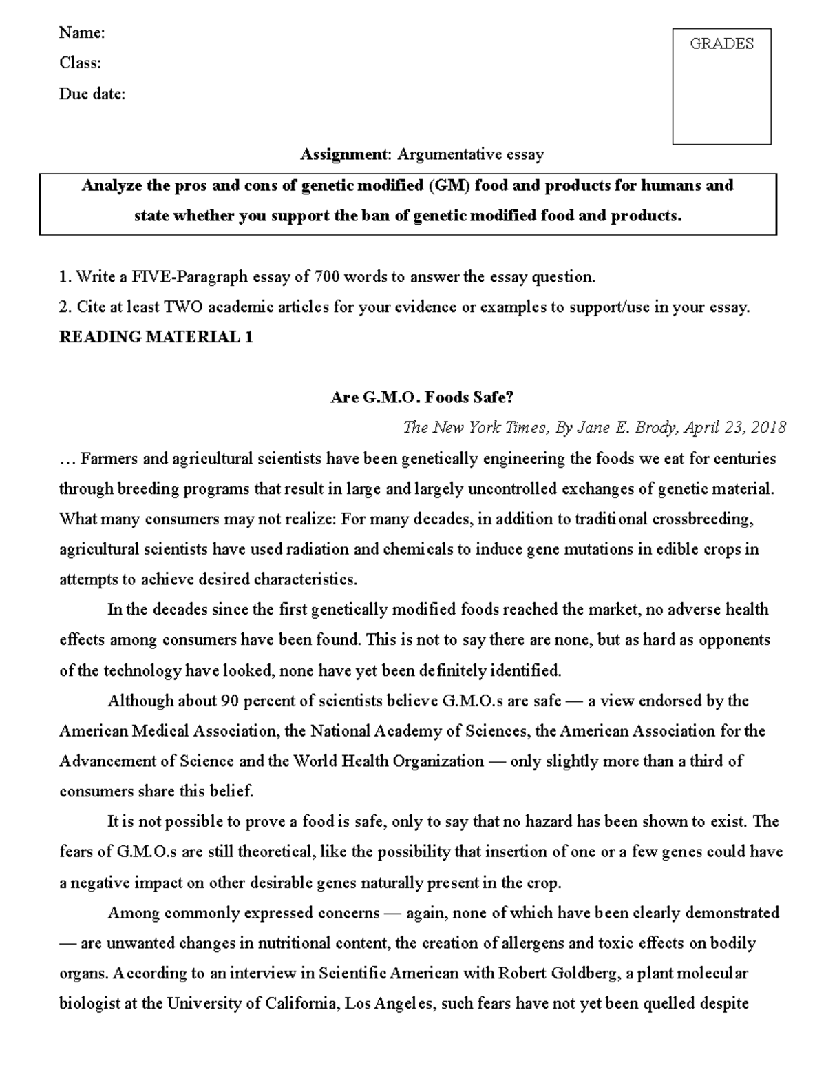 AEG113 Argumentative Essay - Name: Class: Due date: Assignment: Argumentative essay Analyze the ...