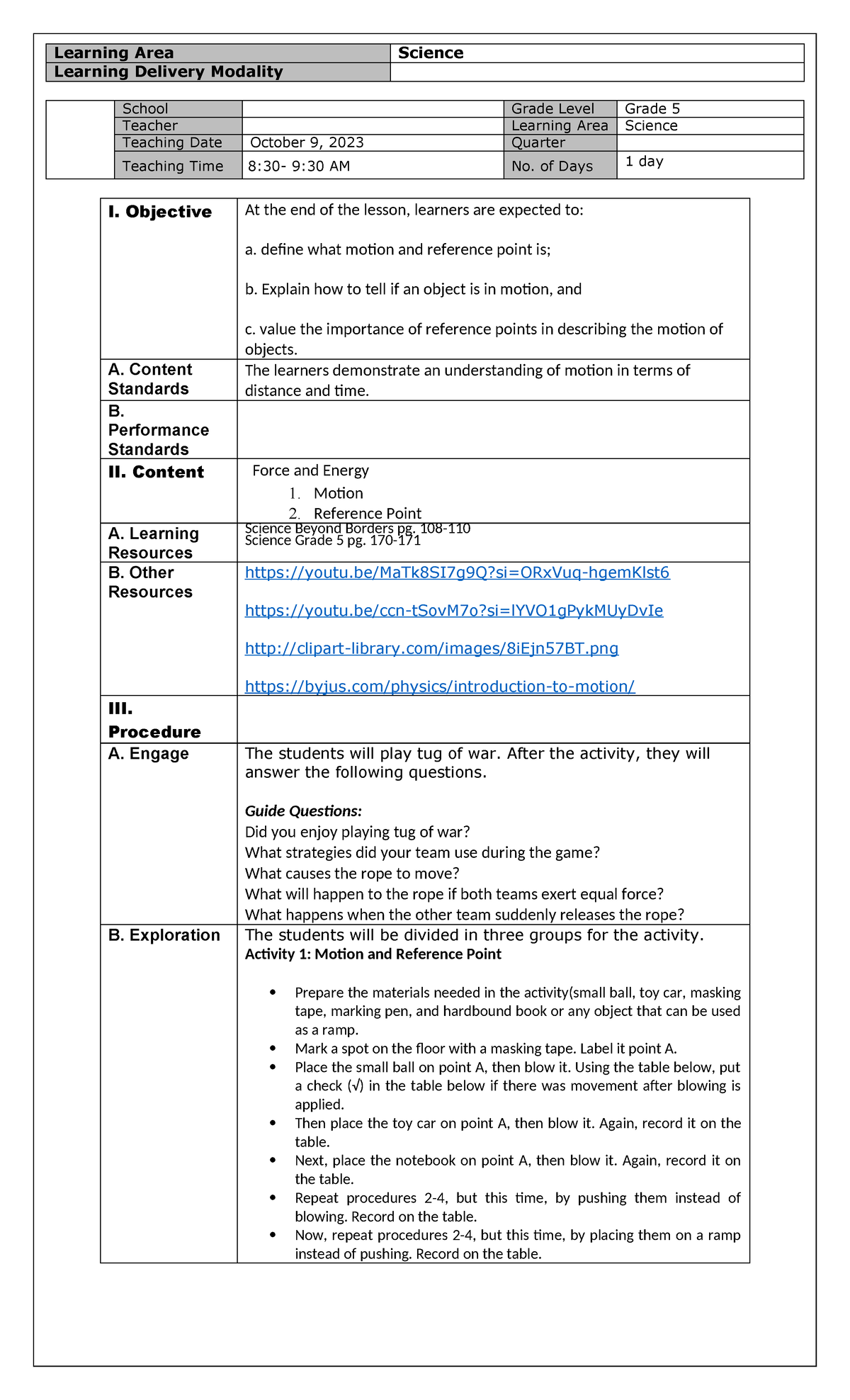 5E's Science - School Grade Level Grade 5 Teacher Learning Area Science ...