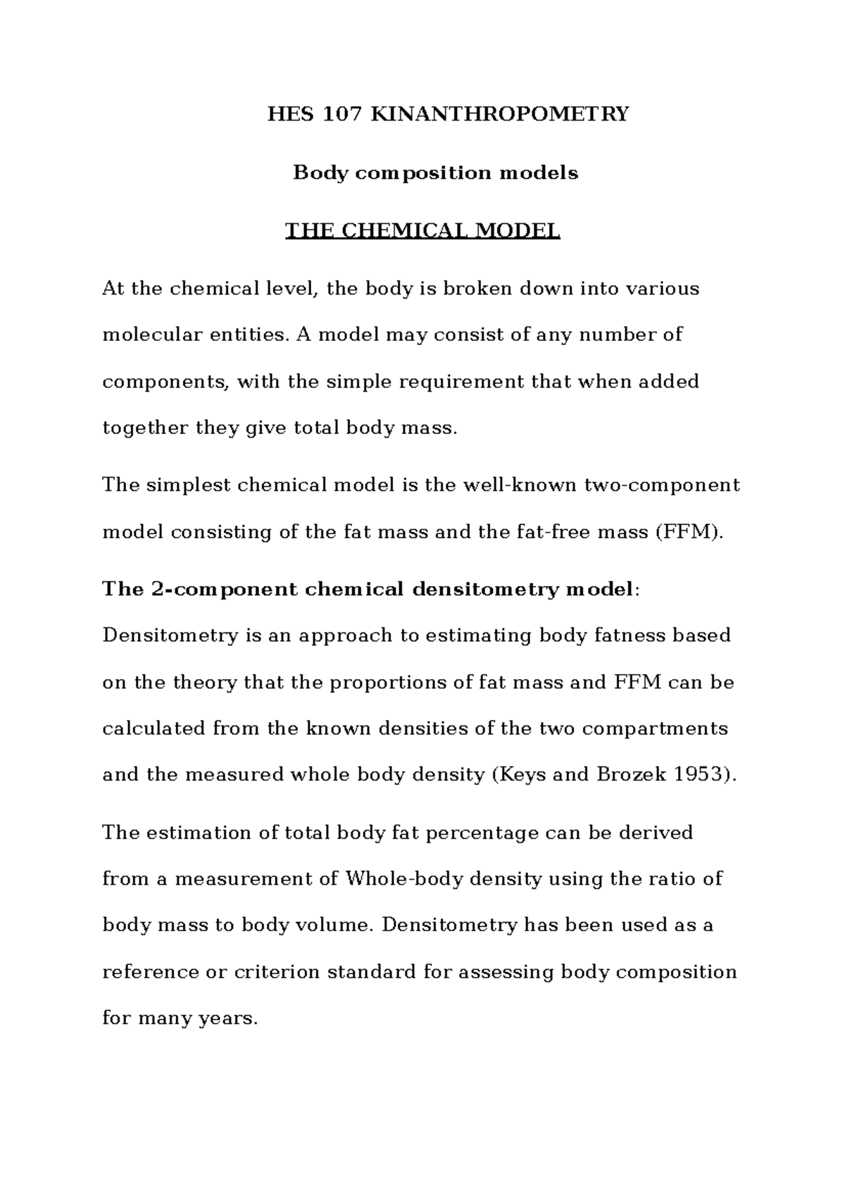 Kinanthropometry hes 107 notes 2020 - HES 107 KINANTHROPOMETRY Body ...