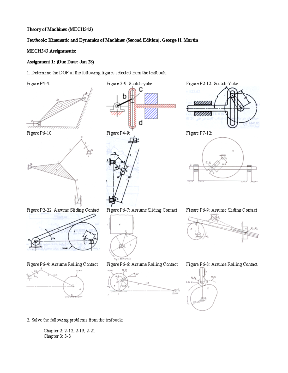Assignments List Of Assignment Problems For Mech 343 201819 Year Theory Of Machines
