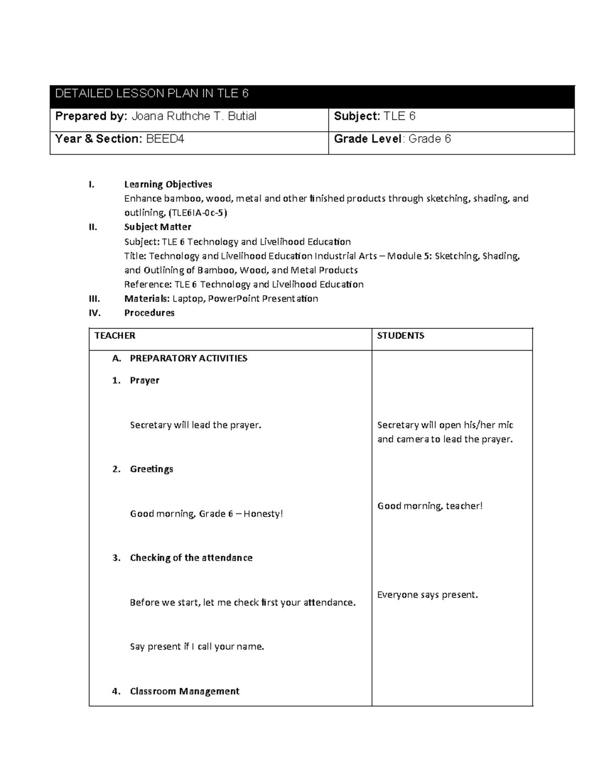 Detailed- Lesson-PLAN-TLE-6 WEEK1 - DETAILED LESSON PLAN IN TLE 6 ...
