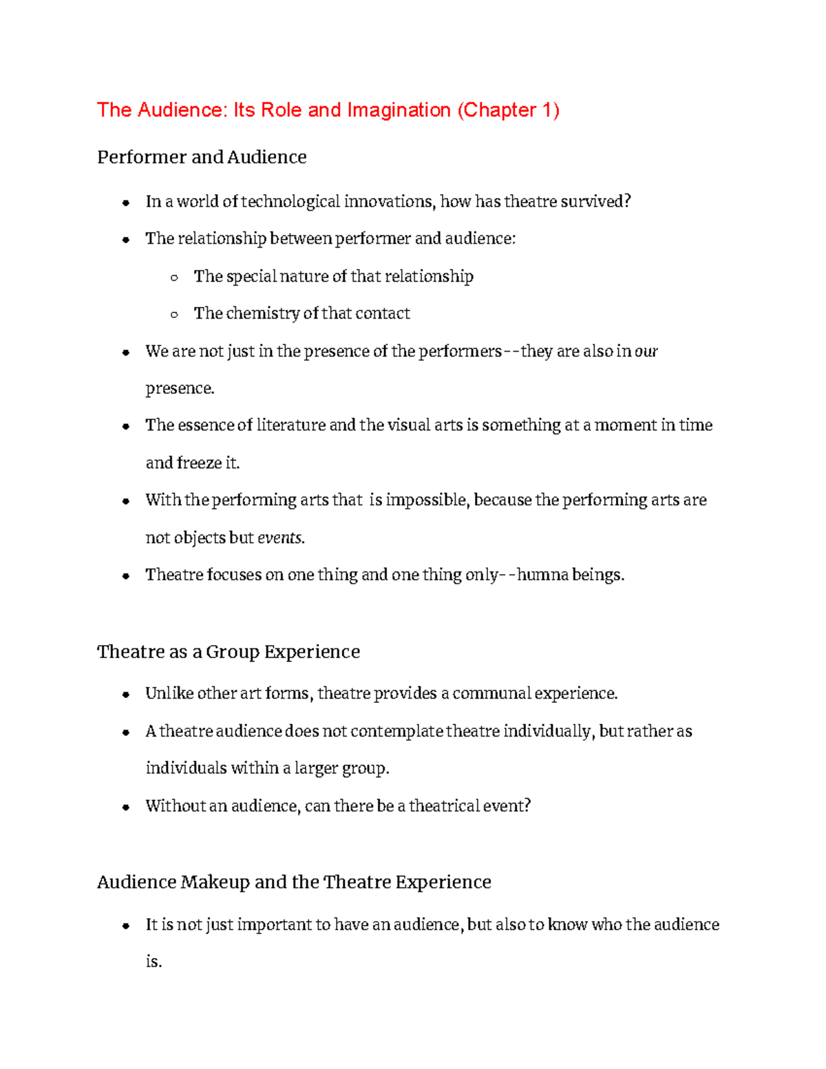The Theatre Experience (Chapter 1 Notes) - The Audience: Its Role and ...