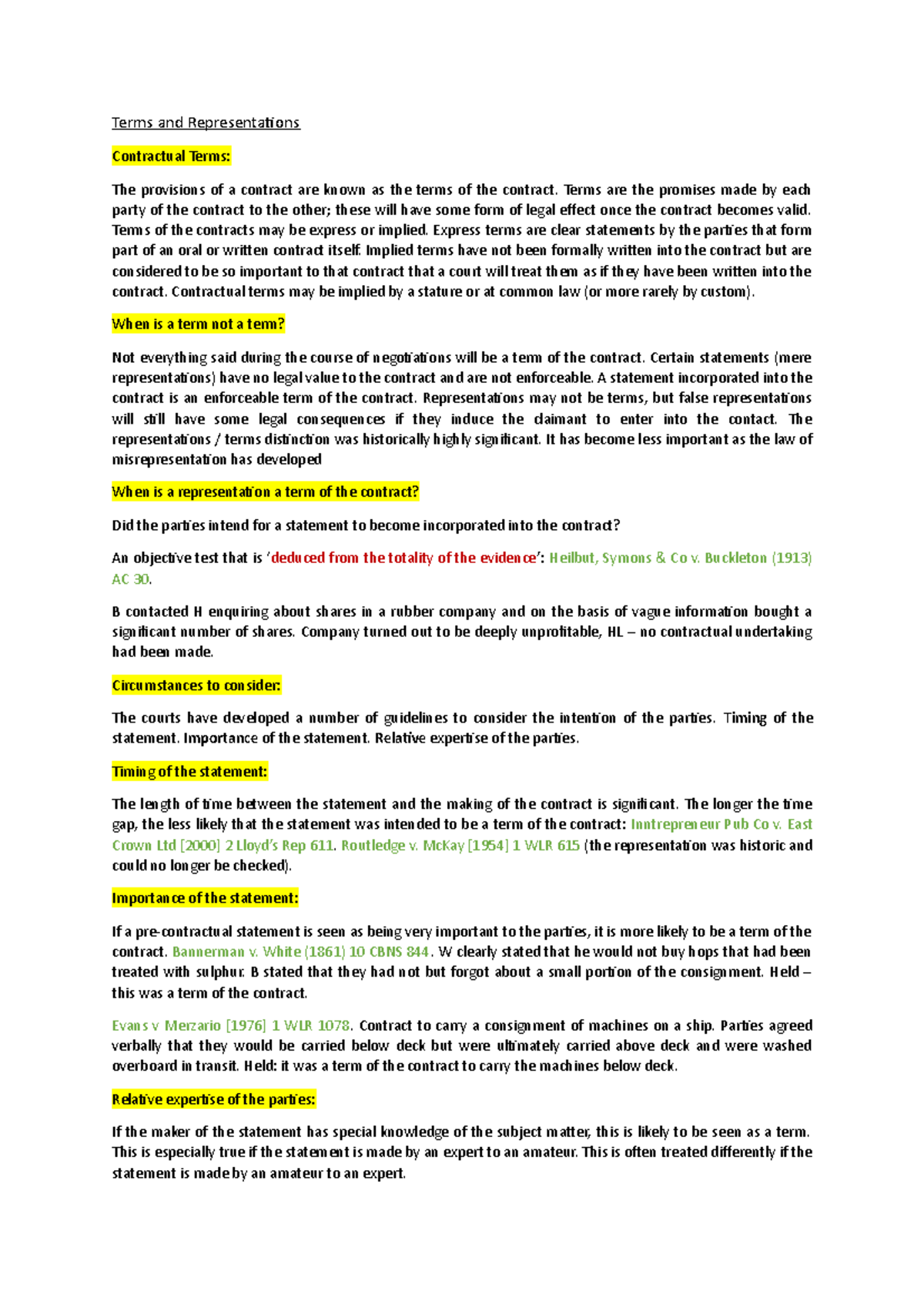 Contract Law Lecture Notes - Terms and Representations Contractual ...