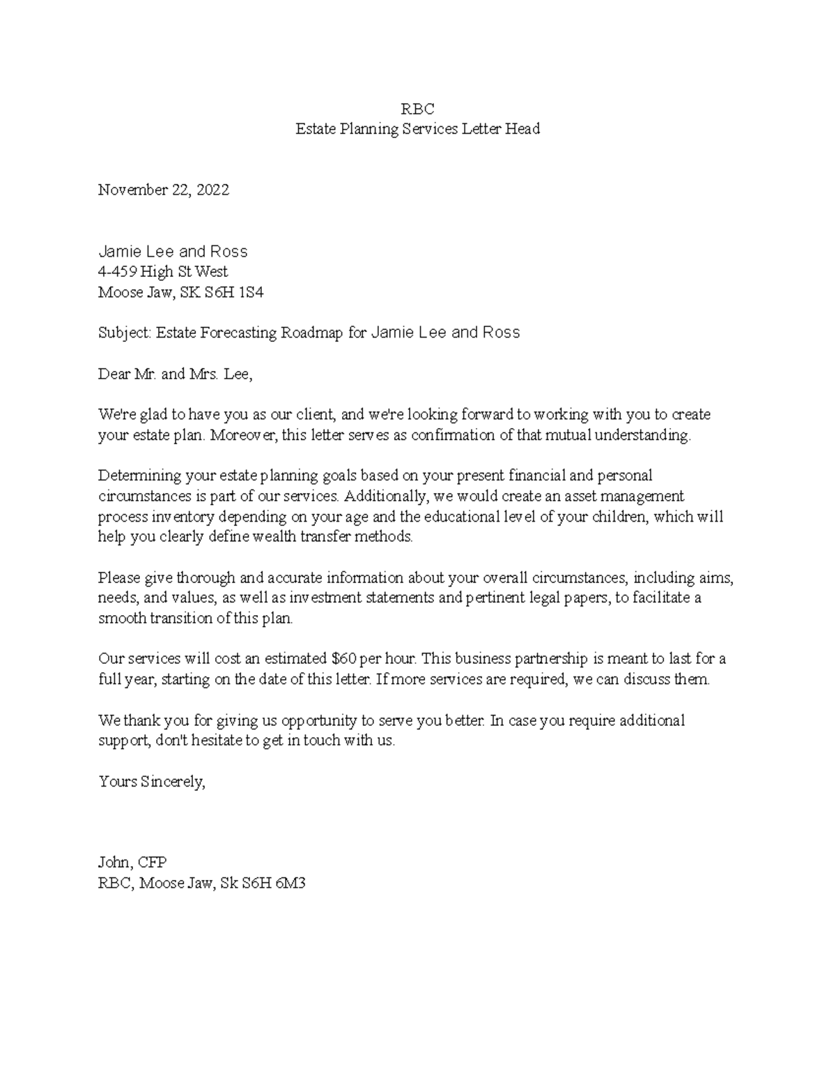 Engagement Letter Fall 22 - RBC Estate Planning Services Letter Head November 22, 2022 Jamie Lee ...