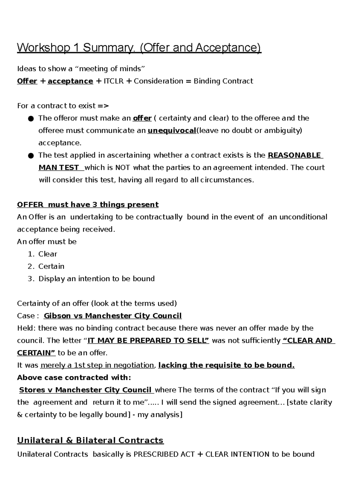Legal - Workshop Note - Workshop 1 Summary. (Offer and Acceptance ...