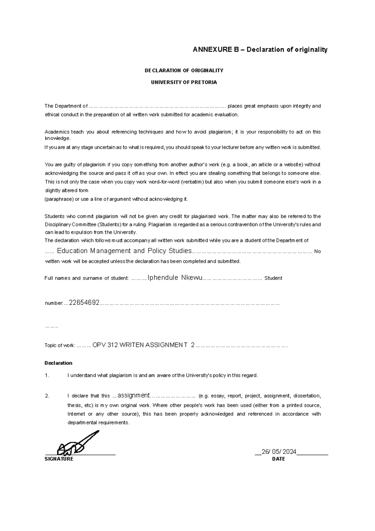 OPV 312 Writen Assignement 2 - ANNEXURE B – Declaration of originality ...
