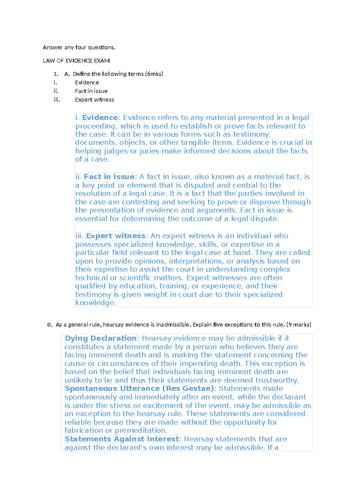 Law of evidence - expert - Answer any four questions. LAW OF EVIDENCE ...