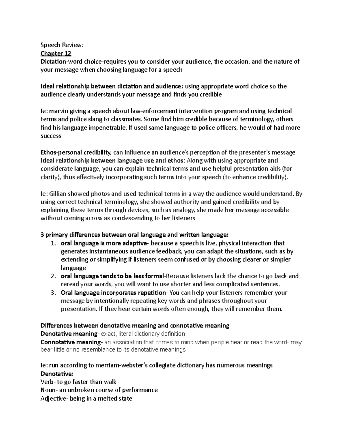 Speech Final Review - Speech Review: Chapter 12 Dictation-word choice ...
