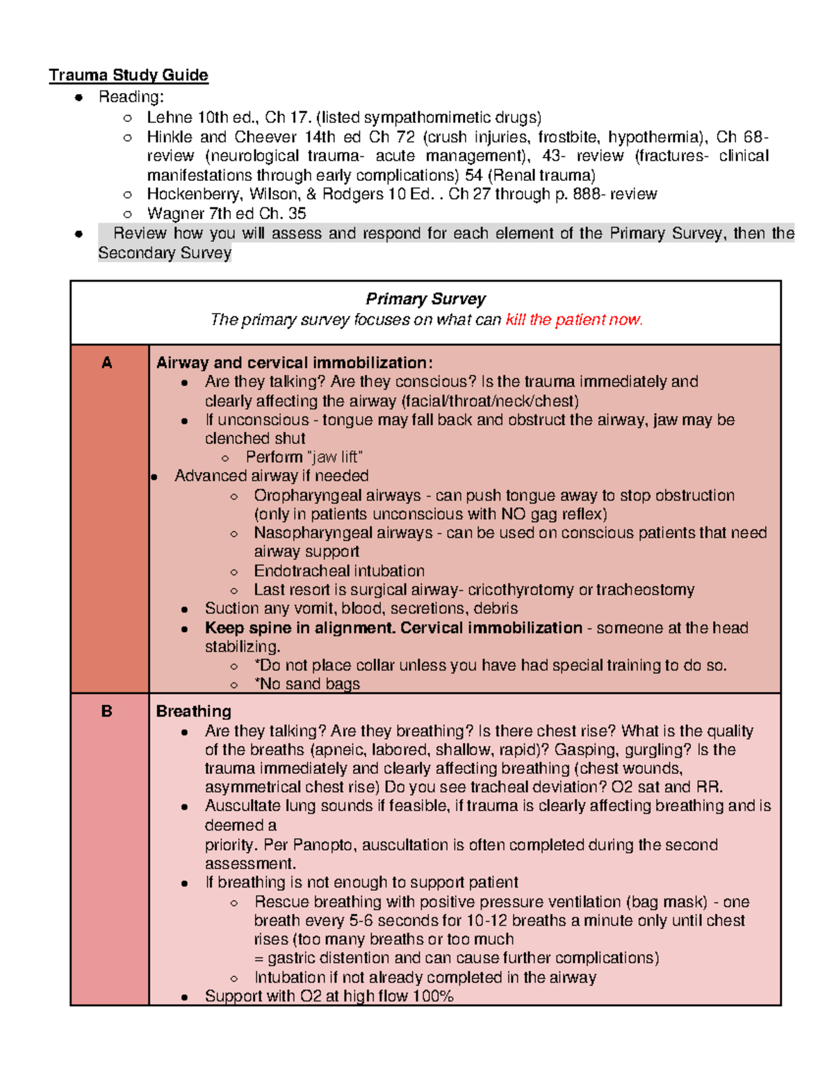 Exam 1 Trauma Study Guide .pdf - Trauma Study Guide Reading: Lehne 10th ...