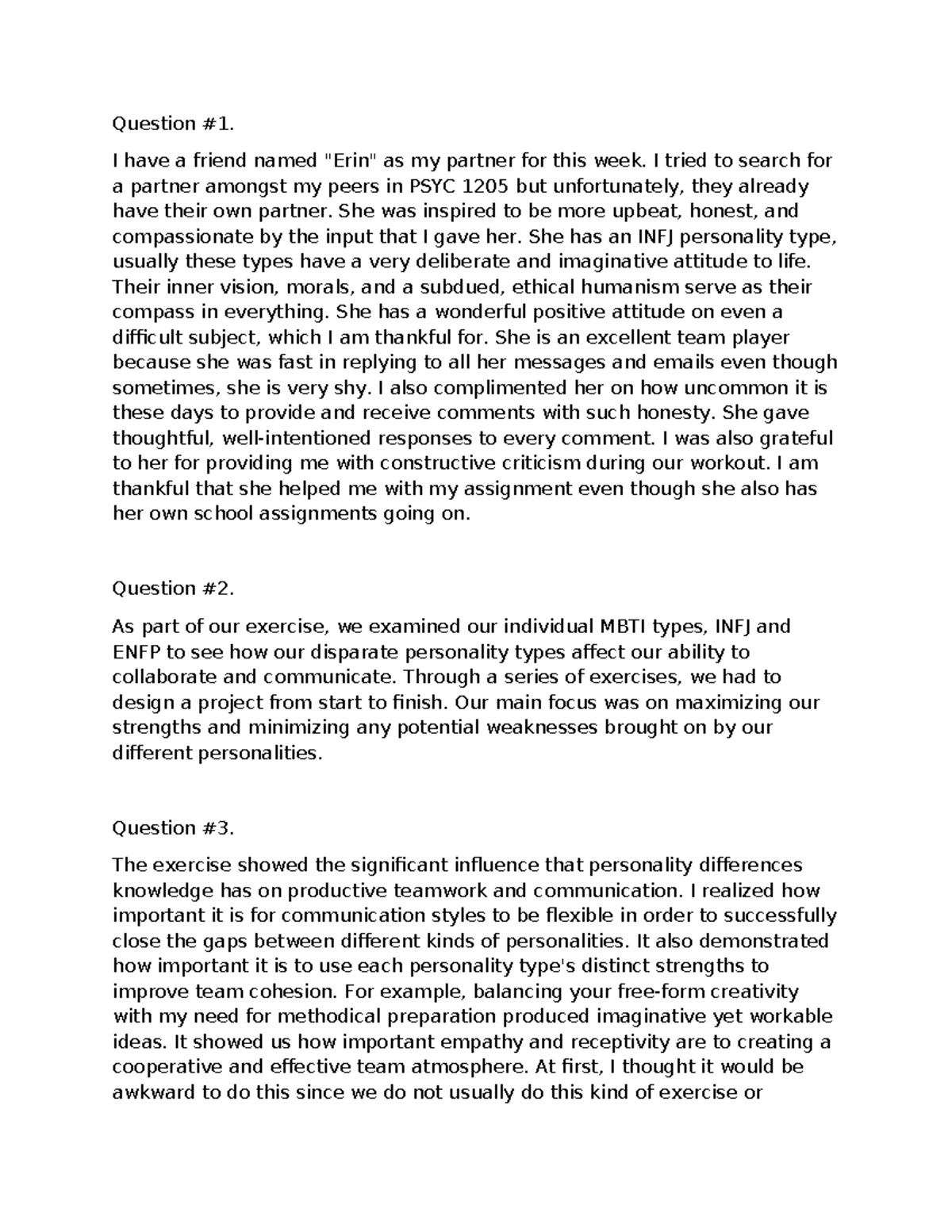 PSYC 1205 Learning Journal Unit 4 (peer mbti) - Question #1. I have a friend named "Erin" - Studocu