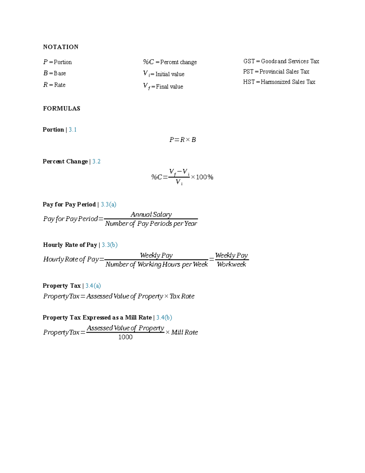 Ch3 formula sheet - NOTATION P = Portion B = Base R = Rate %C = Percent ...