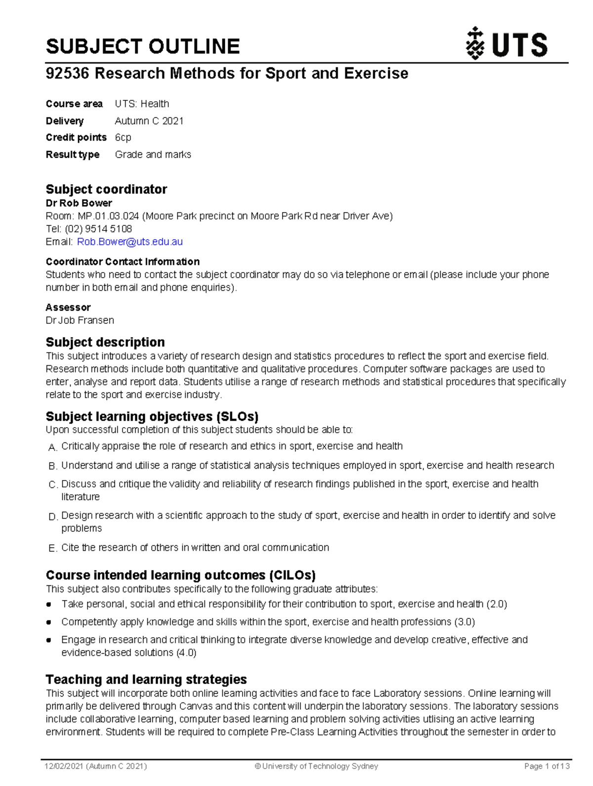 92536 Research Methods for Sport and Exercise Subject Outline - SUBJECT ...