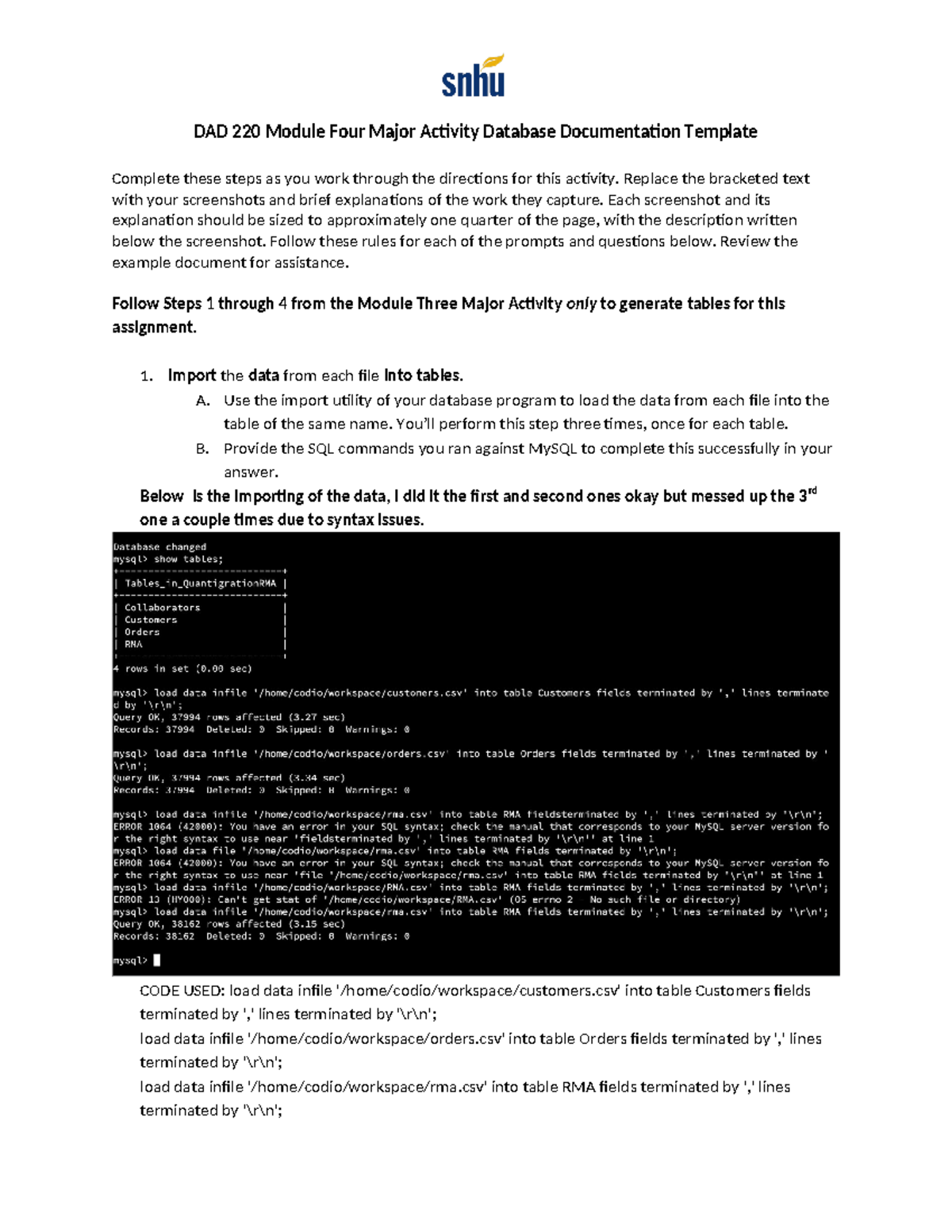 DAD 220 Module Four Major Activity - Replace the bracketed text with ...