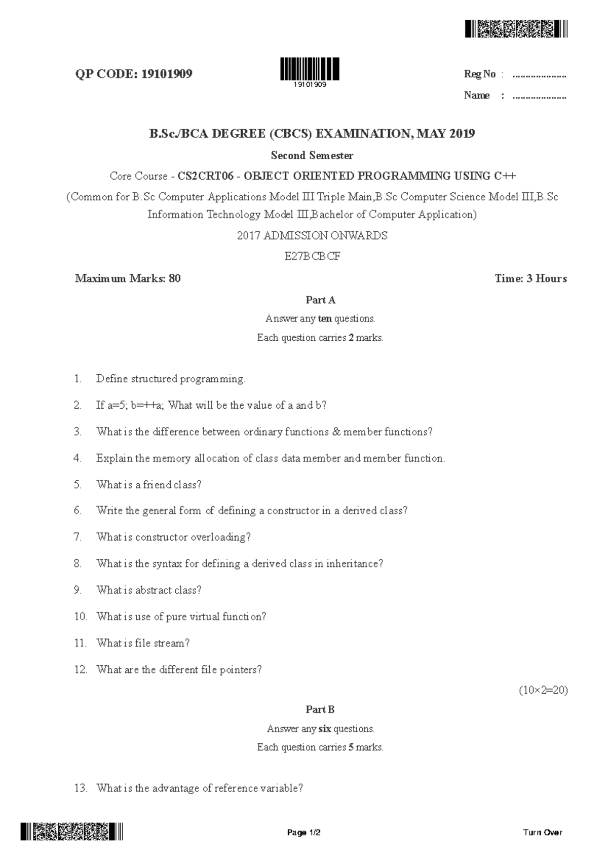 Object oriented programming - QP CODE: 19101909 Reg No : ..................... Name : - Studocu