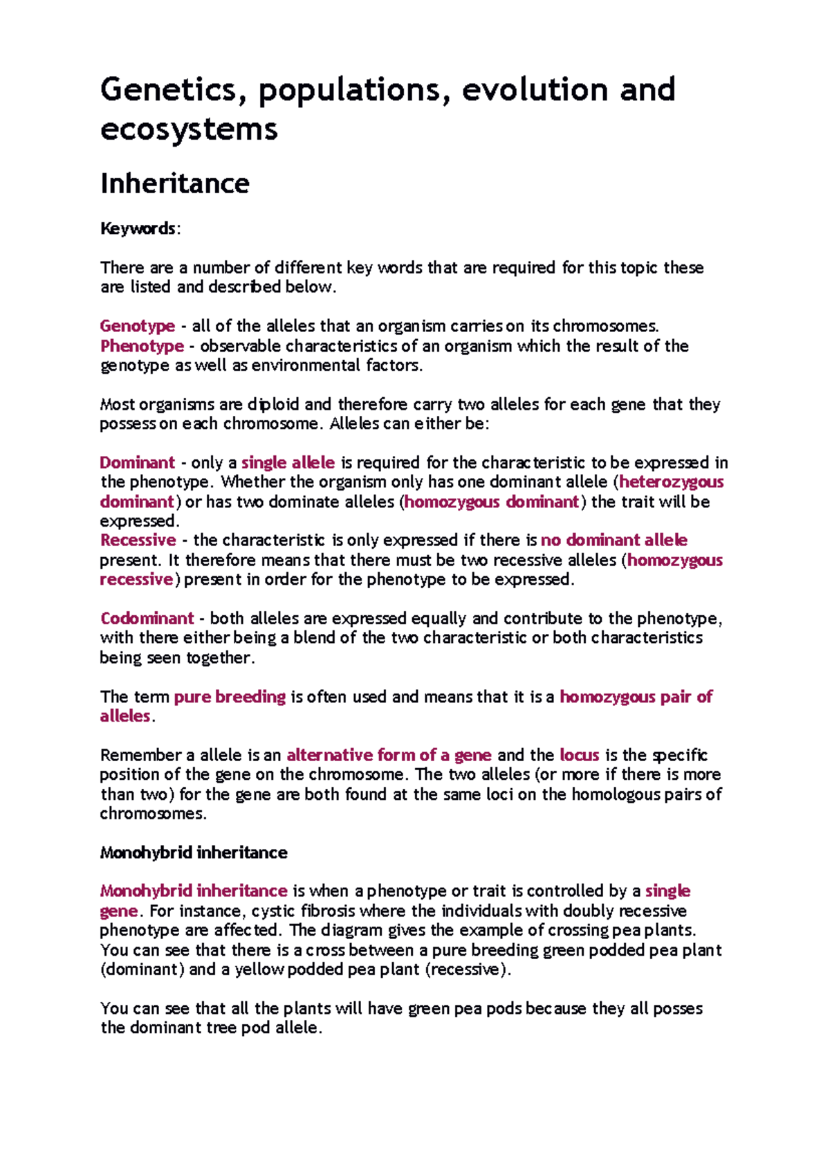 Genetics - in depth notes - Genetics, populations, evolution and ...