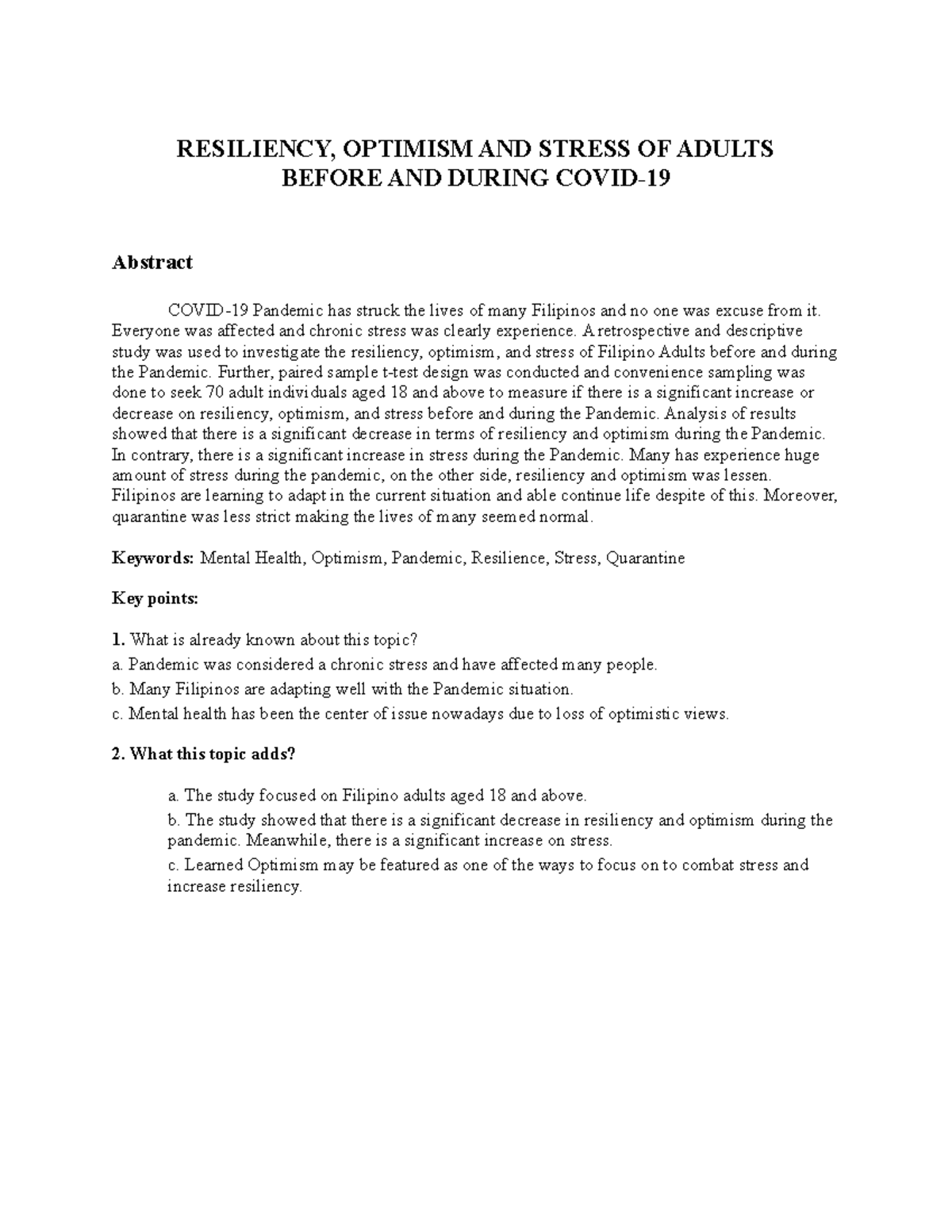 Sample of abstract and reference - RESILIENCY, OPTIMISM AND STRESS OF ...