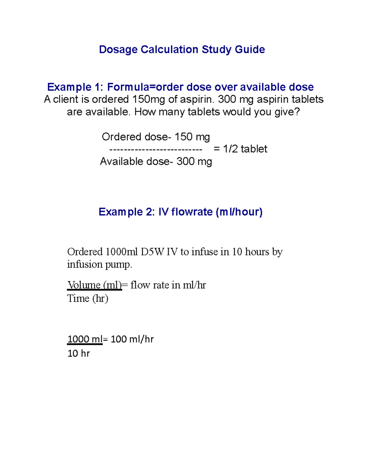Dosage Calculation Study Guide Dosage Calculation Study Guide Example