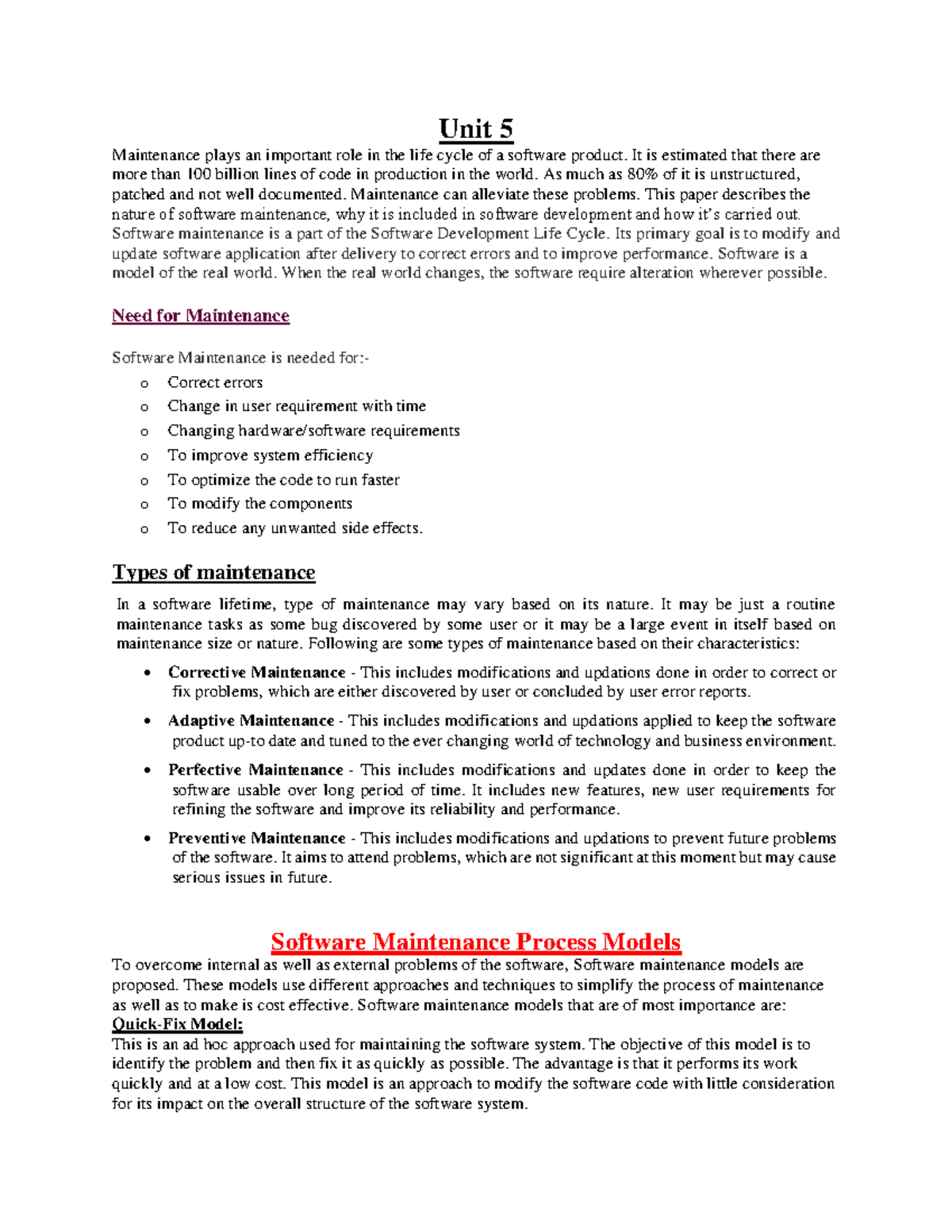 SE Unit-5 part 1 - software - Unit 5 Maintenance plays an important ...