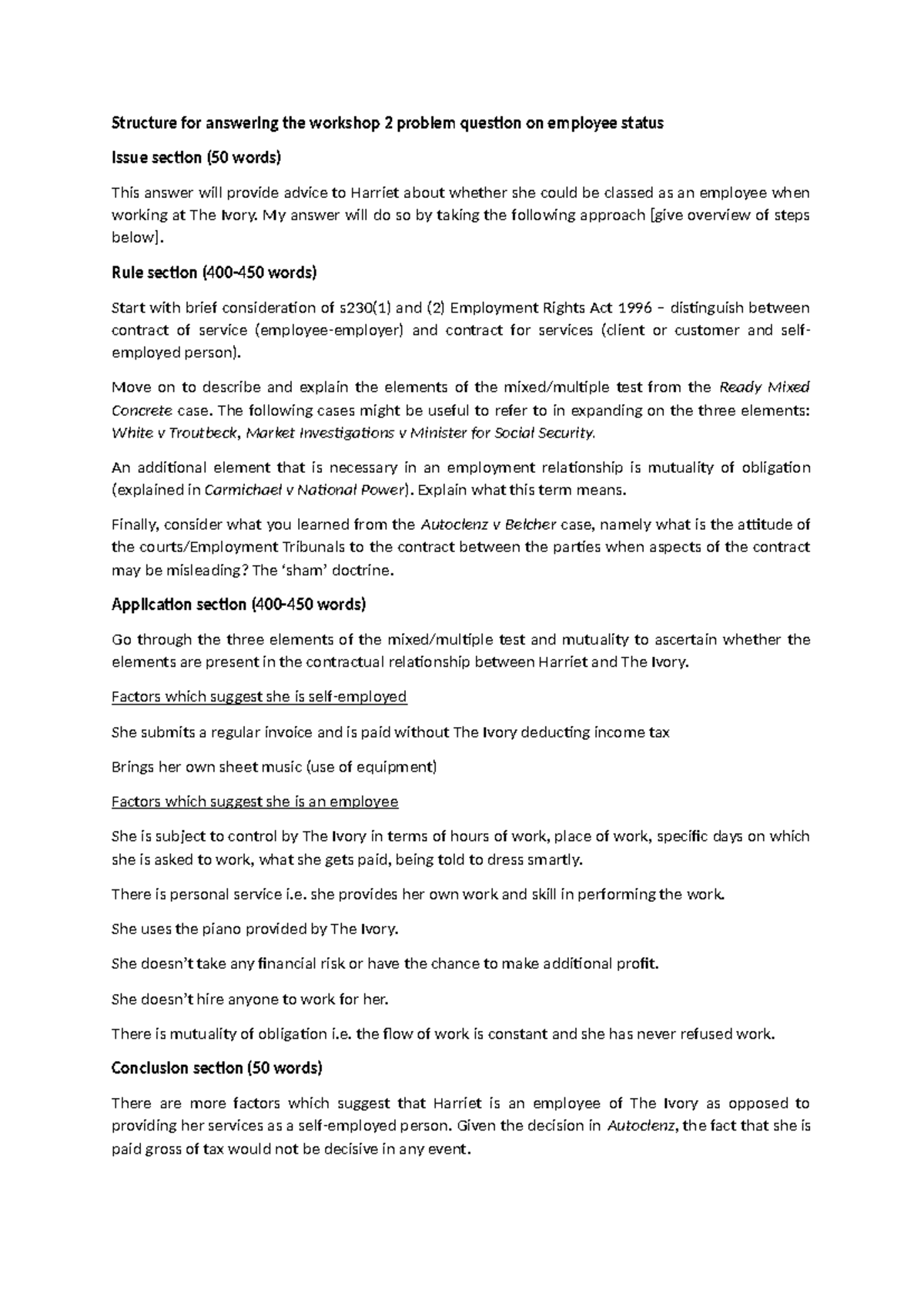 Workshop 2 outline answer - Structure for answering the workshop 2 ...