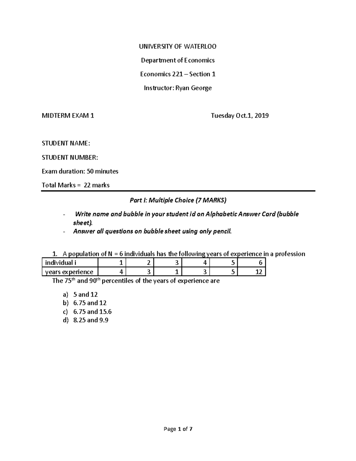 Econ 221 - mt 1 - fall19 sample - UNIVERSITY OF WATERLOO Department of ...