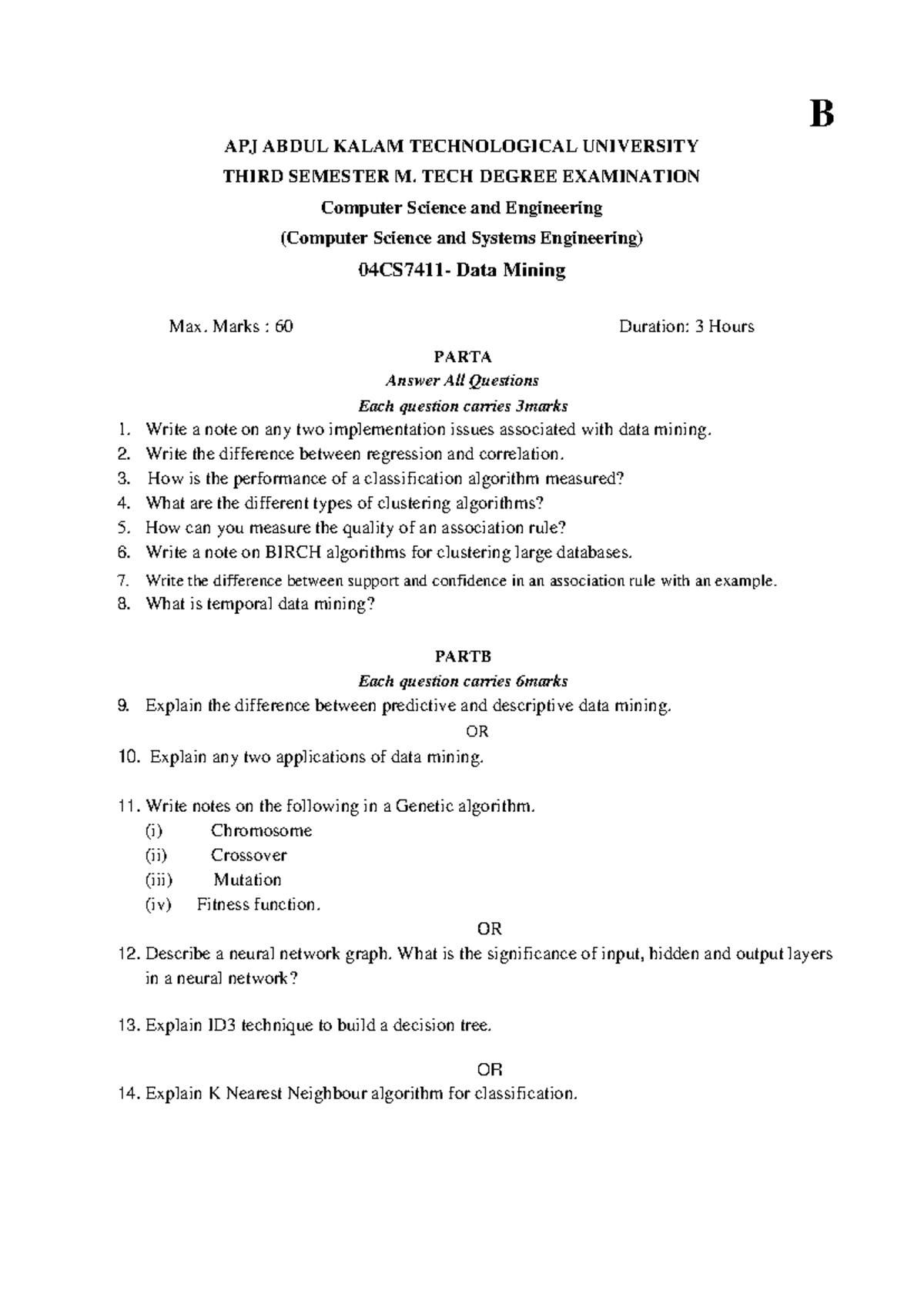 Data Mining S3 M Tech Ktu 2017 Jan B Apj Abdul Kalam Technological University Third Semester M