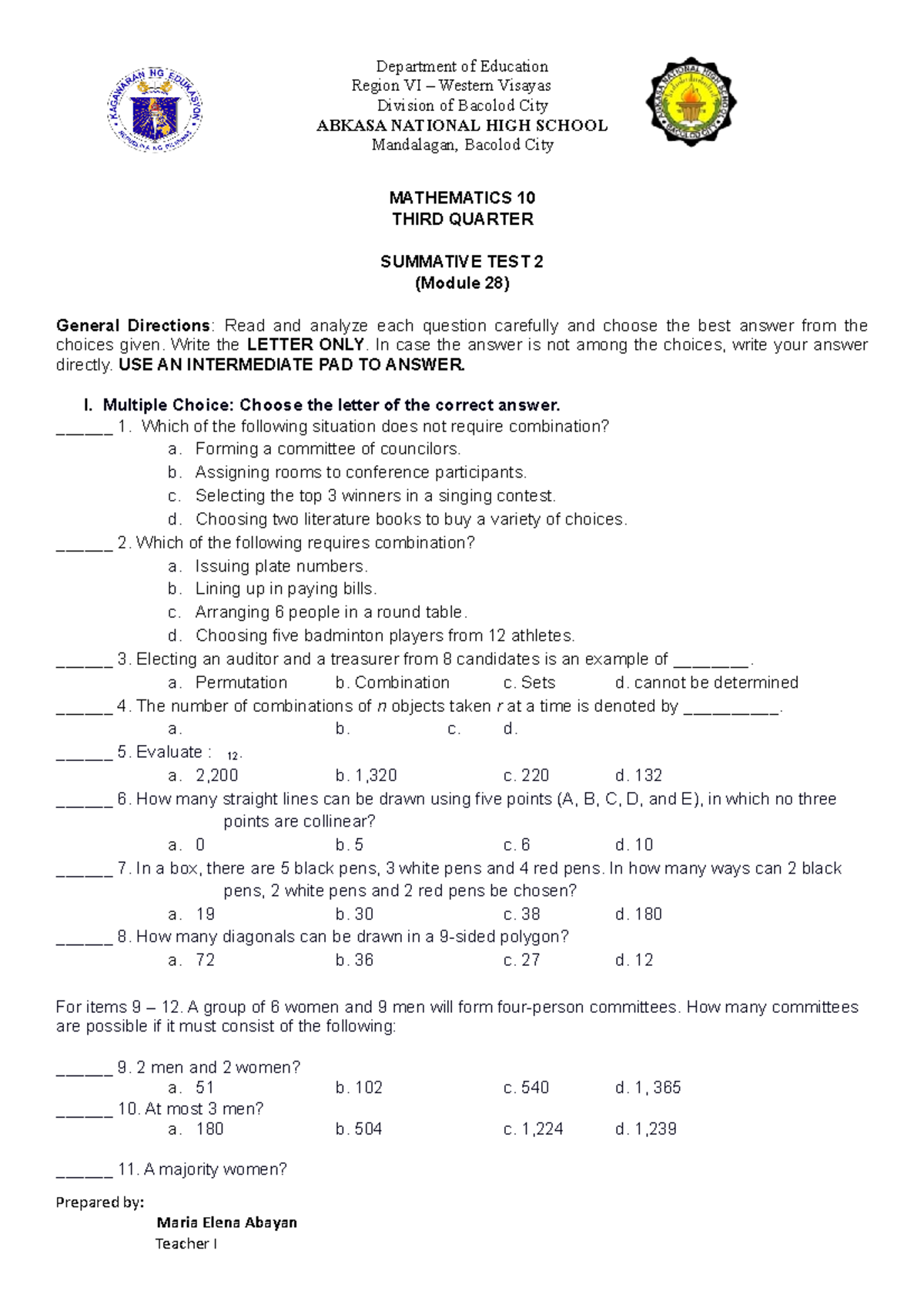 2nd summative test grade 10 - Department of Education Region VI ...