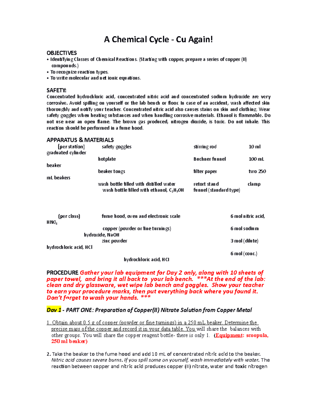 Lab A Chemical Cycle 2022 - A Chemical Cycle - Cu Again! OBJECTIVES ...