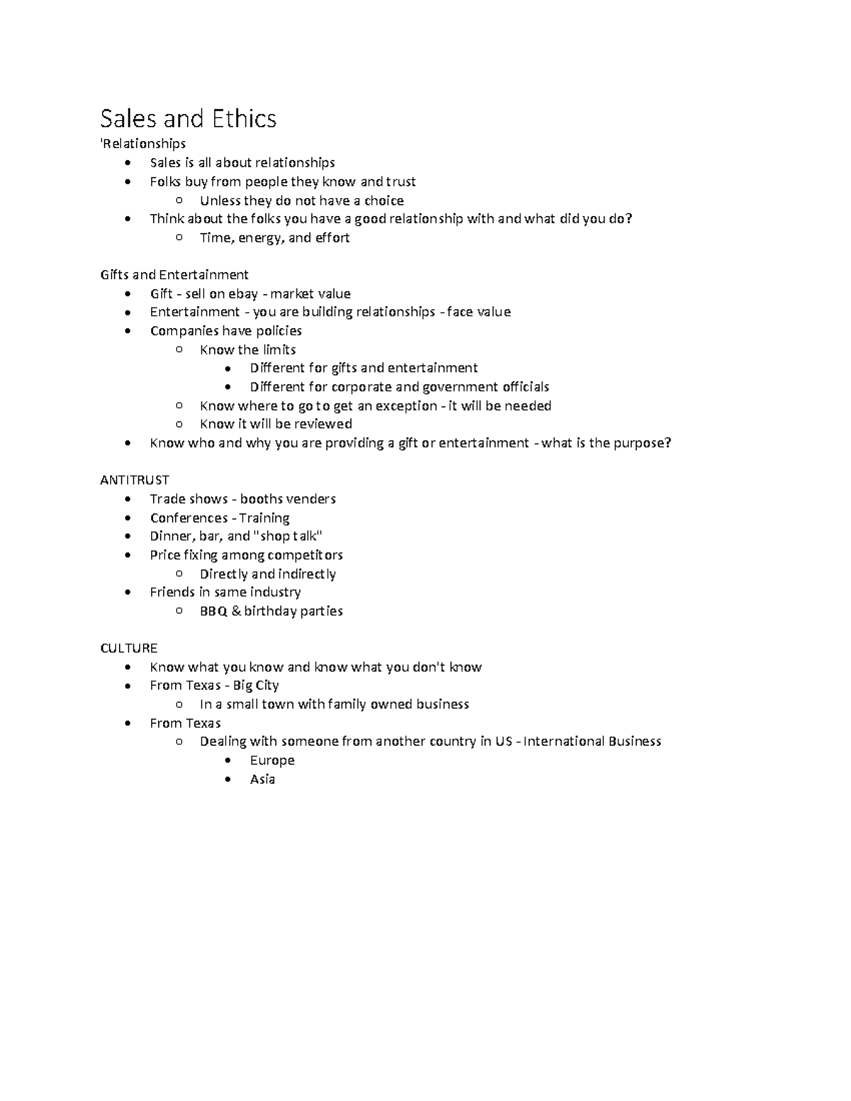 481 Notes 3-9-22 - Sales and Ethics 'Relationships • Sales is all about ...