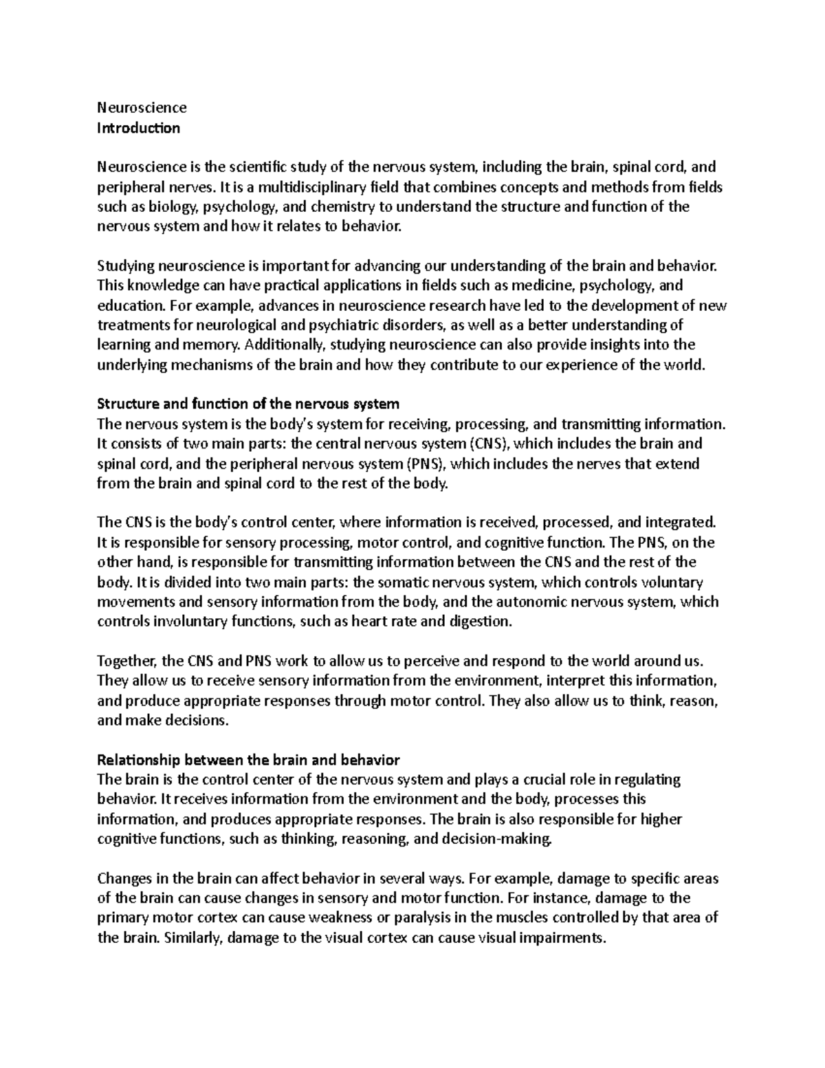 Neuroscience - Neuroscience Introduction Neuroscience is the scientific ...