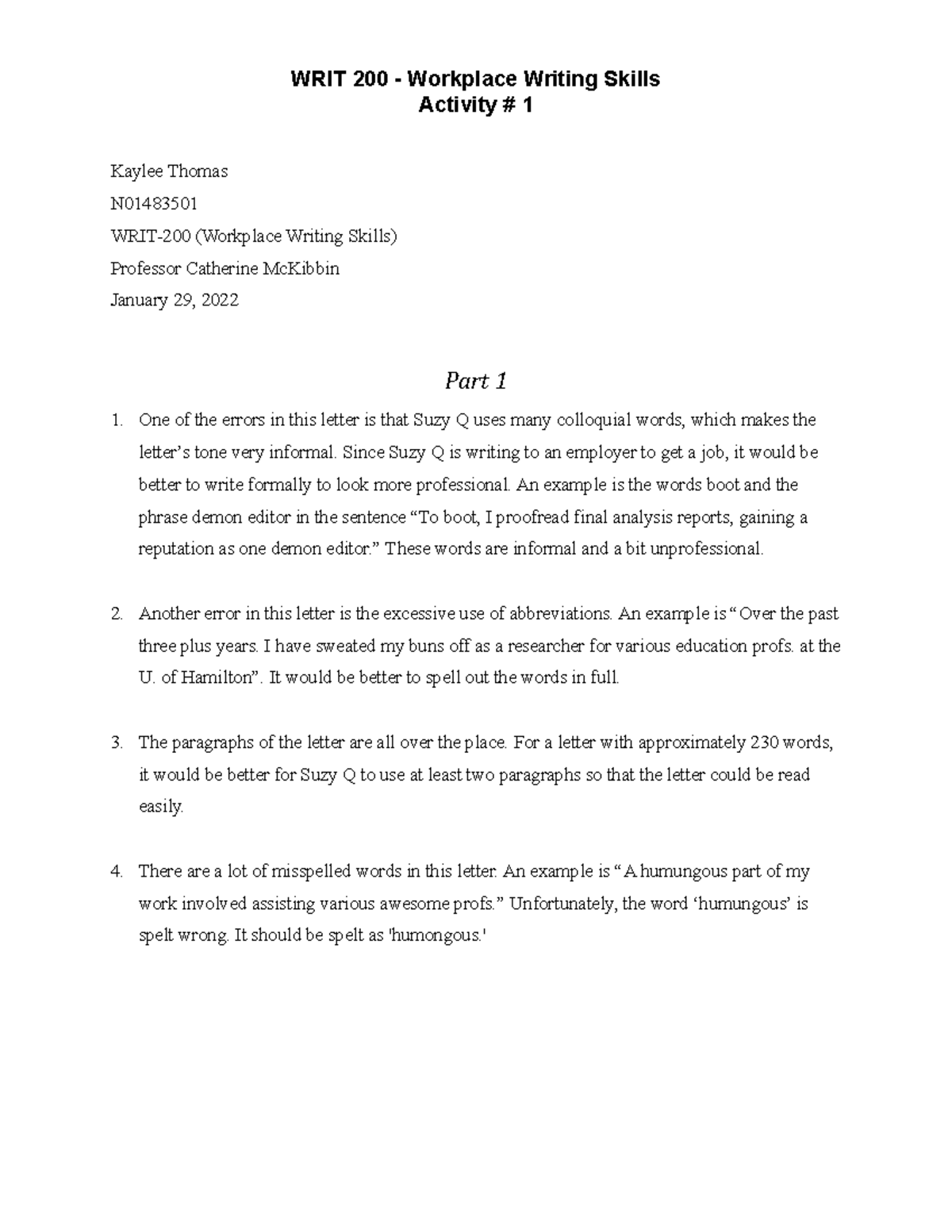 WRIT 200 - Activity 1 - WRIT 200 - Workplace Writing Skills Activity ...