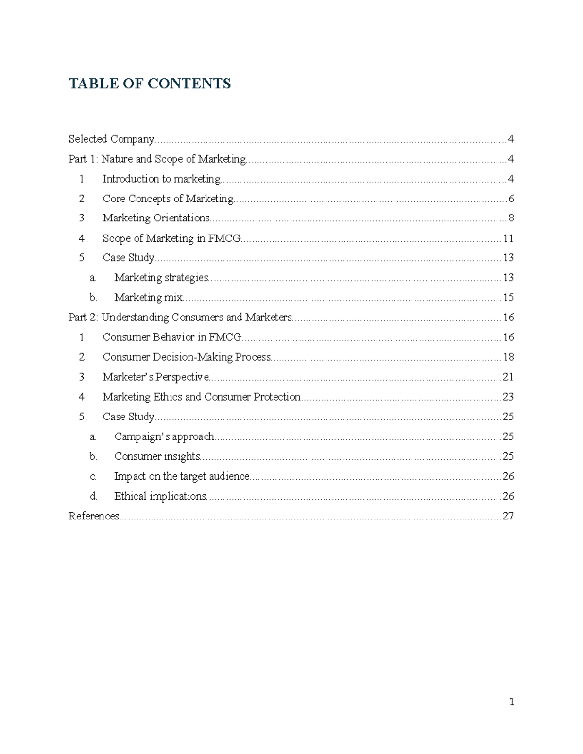 Markerting - Individual assignment - TABLE OF CONTENTS Selected - Studocu